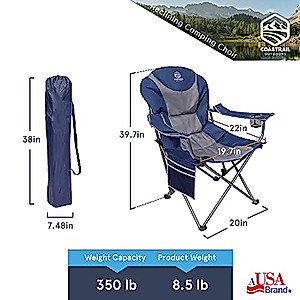 Coastrail Outdoor Reclining Camping Chair 3 Position Folding Lawn Chair for Adults Padded Comfort Camp Chair with Cup Holders, Head Bag and Side Pockets, Supports 350lbs, Blue&Grey