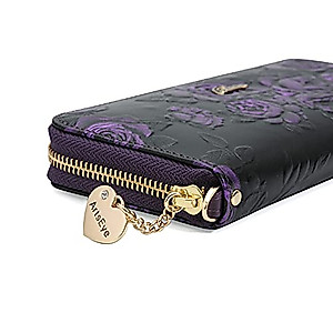 ArtsEye Rose Embossed Genuine Leather Zip Around Wristlet Wallet (Purple)