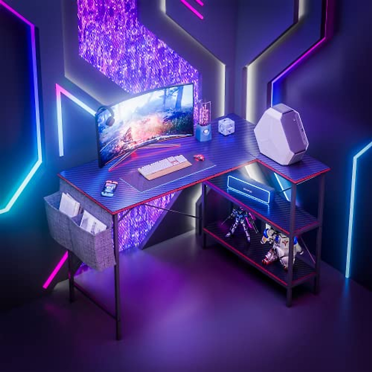 Homall L Shaped Gaming Desk, 47" Computer Desk with Carbon Fiber Surface, Home Office Writing Workstation with Space-Saving Corner, Easy to Assemble, Black