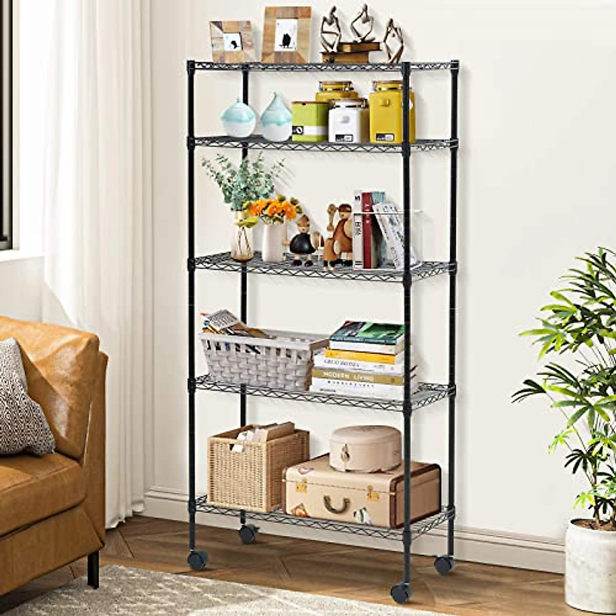 Dkeli 5 Tier Wire Shelving with Wheels, 14"x30"x60" Storage Shelves NSF Heavy Duty Adjustable Utility Rolling Steel Garage Shelving Metal Storage Rack, Black
