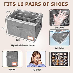 PENGLONG Adjustable Storage Bins for Closet, 16Pairs Wardrobe Clothes Organizer, Shoe Bin, Shoe Organizer, Closet Storage Solution with Clear Window (16PairsDarkGrey)