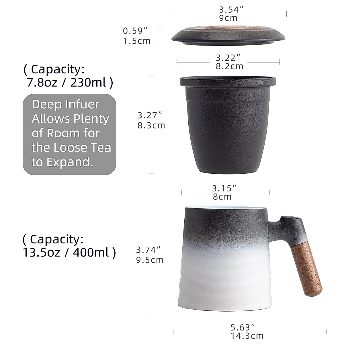 ZENS Tea Cup with Infuser and Lid, 13.5 Ounces Gradient Embossed Loose Tea Mug, Rosewood Handle Ceramic Tea Steeping Mug for Gifts, Black & White*1 and Black&Blue*1