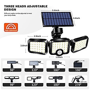 2 Pack Detachable Solar Security Lights, 3 Head Motion Sensor Lights With Remote Control 108 LED Rotatable Flood Lights IP65 Waterproof Outdoor Spotlights for Porch Garden Patio Yard Garage Pathway