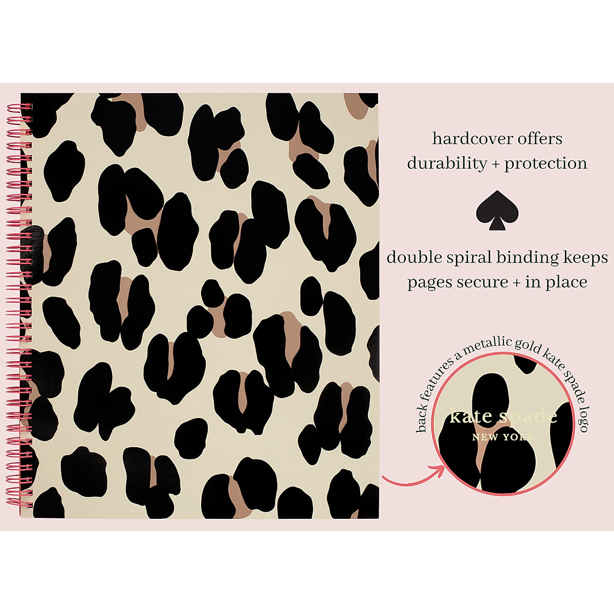 Kate Spade New York Large College Ruled Notebook, 11" x 9.5" Leopard Print Spiral Notebook with 160 Pages, Forest Feline