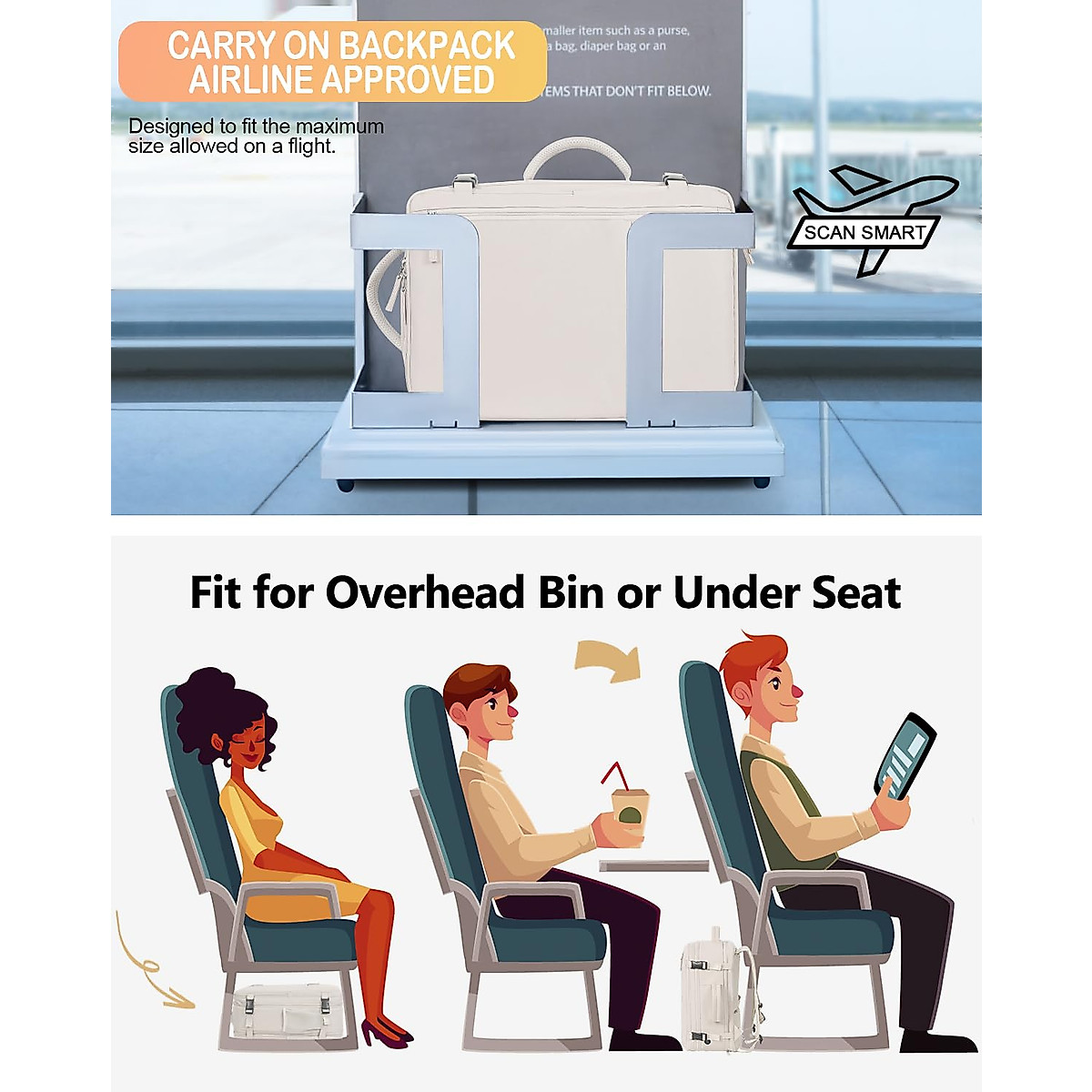 Getravel Travel Backpack For Women, Airline Approved Personal Item Bag, Carry On Backpack,17 Inch Laptop School Backpack, Waterproof Casual Overnight Bag, Hiking Backpack (Beige)