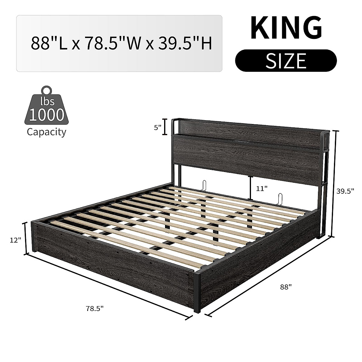 LUXOAK King Size Lift Up Storage Bed, Wood Platform Bed Frame with Storage Headboard & Charging Station, No Box Spring Needed, Easy Assembly, Black