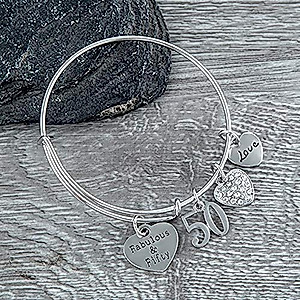 Infinity Collection 50th Birthday Bracelet and Gift Bag Set for Women, 50th Birthday Expandable Charm Bracelet, Adjustable Bangle, 50th Birthday Gift Ideas (Silver)
