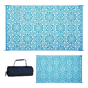 Stylish Camping 255083 5-feet by 8-feet Reversible Mat, Plastic Straw Rug, Large Floor Mat for Outdoors, RV, Patio, Backyard, Picnic, Beach, Camping - Leaf Mat (Turquoise/White)