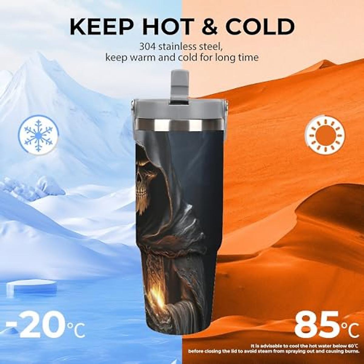 YTLKGFP 30 Oz Large Capacity Car Cup Grim Reaper Tumbler with Handle Straw Lid Insulated Stainless Steel Water Bottle Travel Mug Leak-proof Car Cup Keeps Cold Or Hot