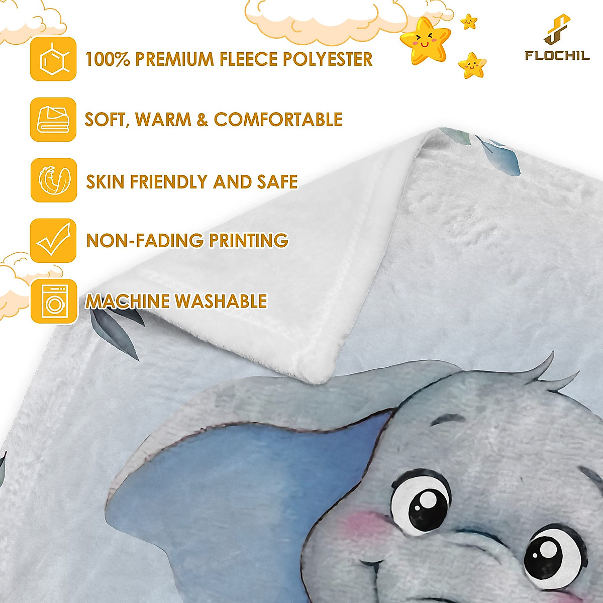 FLOCHIL Personalized Baby Blanket for Boys, Custom Baby Blanket with Name, Customized Baby Blanket Elephants, Gift for Baby, Newborn, Baby Shower