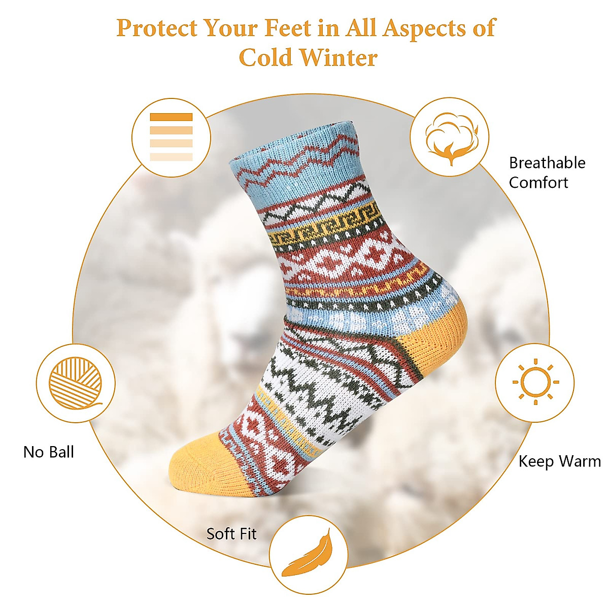 besky 5 Pairs Winter Wool Socks Women, Knit Thick Wool Soft Warm and Breathable Cozy Socks for Womens