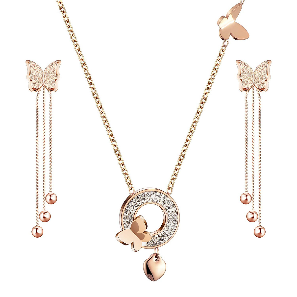 EVEVIC Stainless Steel Butterfly Necklace Earrings Set for Women 14K Gold Plated Hypoallergenic Jewelry Sets (Style-B Rose-Goldtone)
