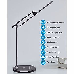 hukunos LED Desk Lamp with Wireless Charger & USB Charging Port, Architect Desk Lamps for Home Office, Bedside Table Lamp with Night Light for Work Study Reading Adjustable
