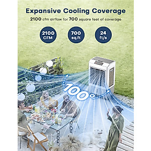 BALKO Windowless Air Conditioner, 35-INCH Swamp Cooler Air Conditioner w/2 Modes & 3 Speeds, 2100CFM, 700Sq.ft, Smart Timer for Auto off, 8Gal Tank & Remote, Wider Oscillation Evaporative Air Cooler