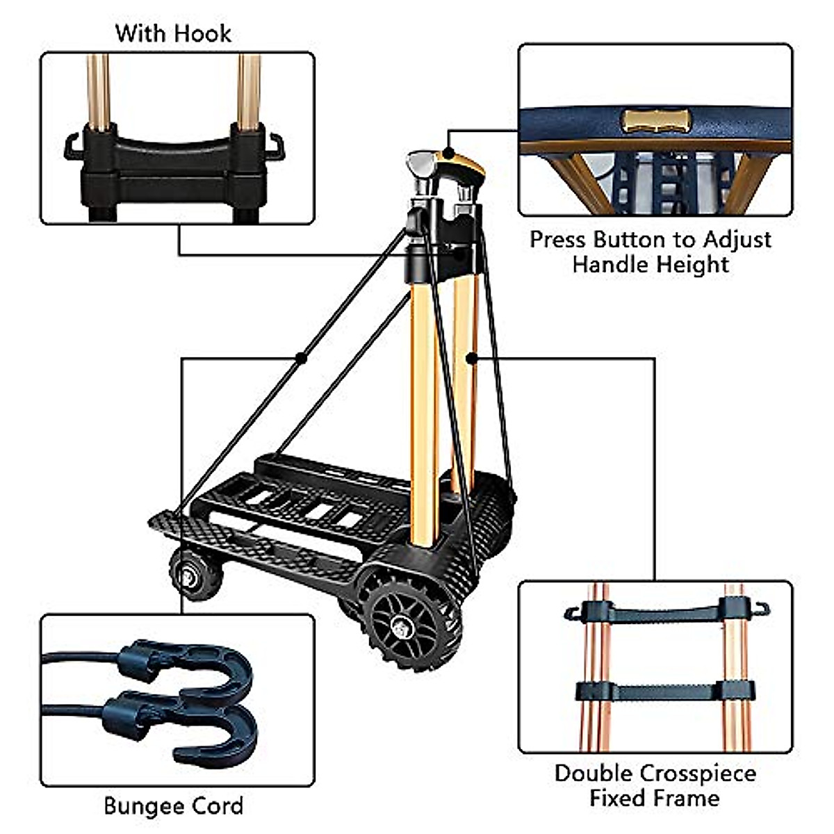 Folding Hand Truck Portable Dolly Compact Utility Luggage Cart with 70Kg/155Lbs Heavy Duty 4 Wheels Solid Construction Adjustable Handle for Moving Travel Shopping Office Use (Black)