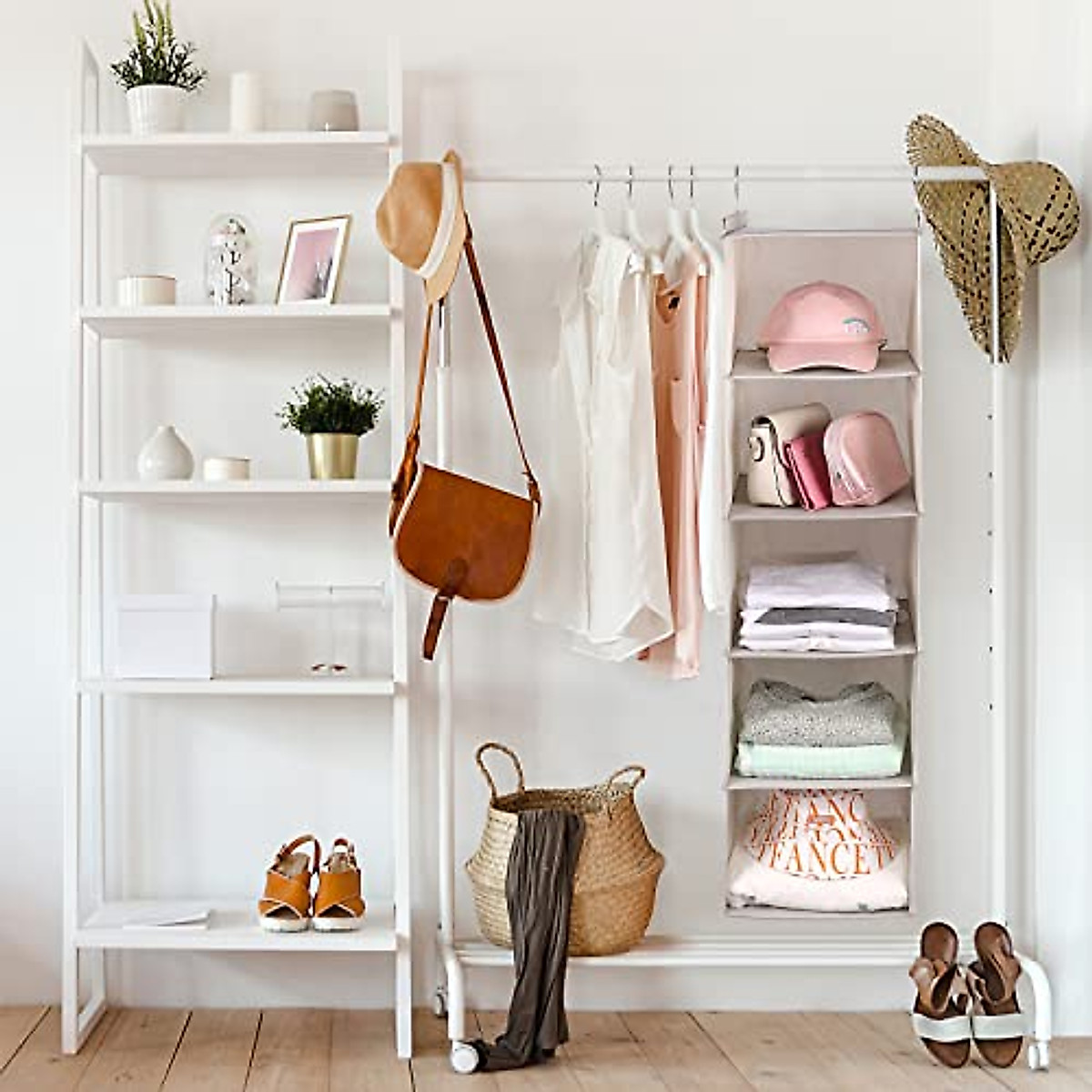 Vailando Hanging Closet Organizer 5-Shelf, Hanging Shelves for Closet with 4 Side Pockets, Linen, 11.8''W x 11.8''D x 47.2''H, Grey