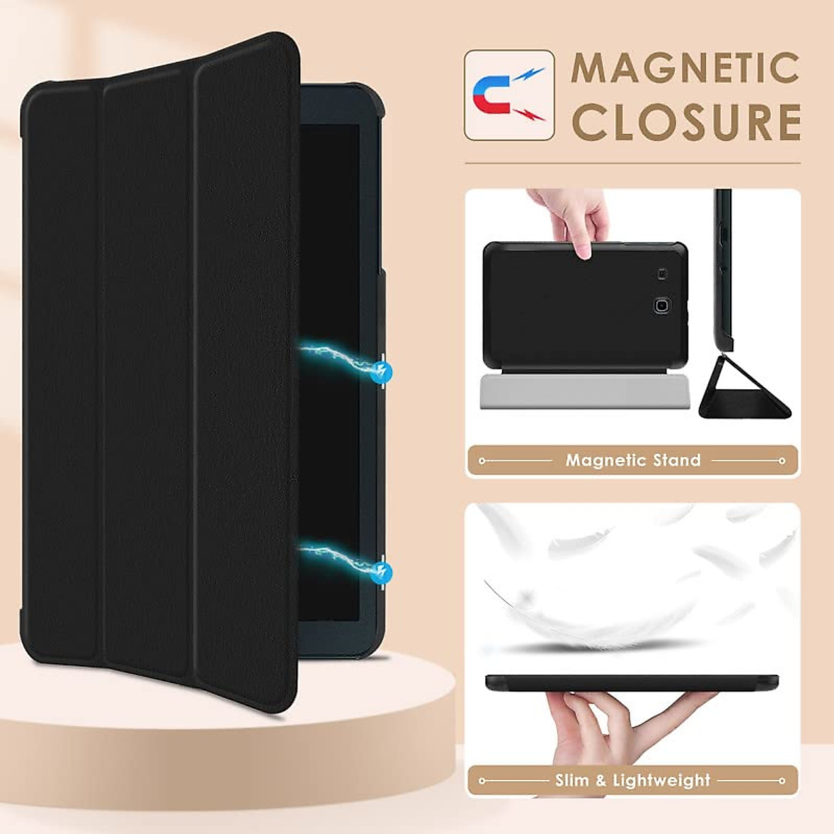 DETUOSI Slim Case for Samsung Galaxy Tab E 9.6" 2015 (SM-T560/ T567), Galaxy Tab E 9.6 inch Tablet Case, Tri-fold Folio PU Leather Protective Case for Galaxy Tab E 9.6" Cover, SM-T560NU Case #Black