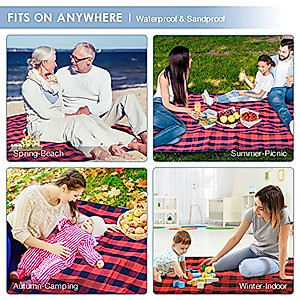 Extra Large 87'' X 67'' Picnic Blanket Waterproof, Portable Picnic Mat, Sandproof Beach Mat, Outdoor Rug for Camping, Red Checkered