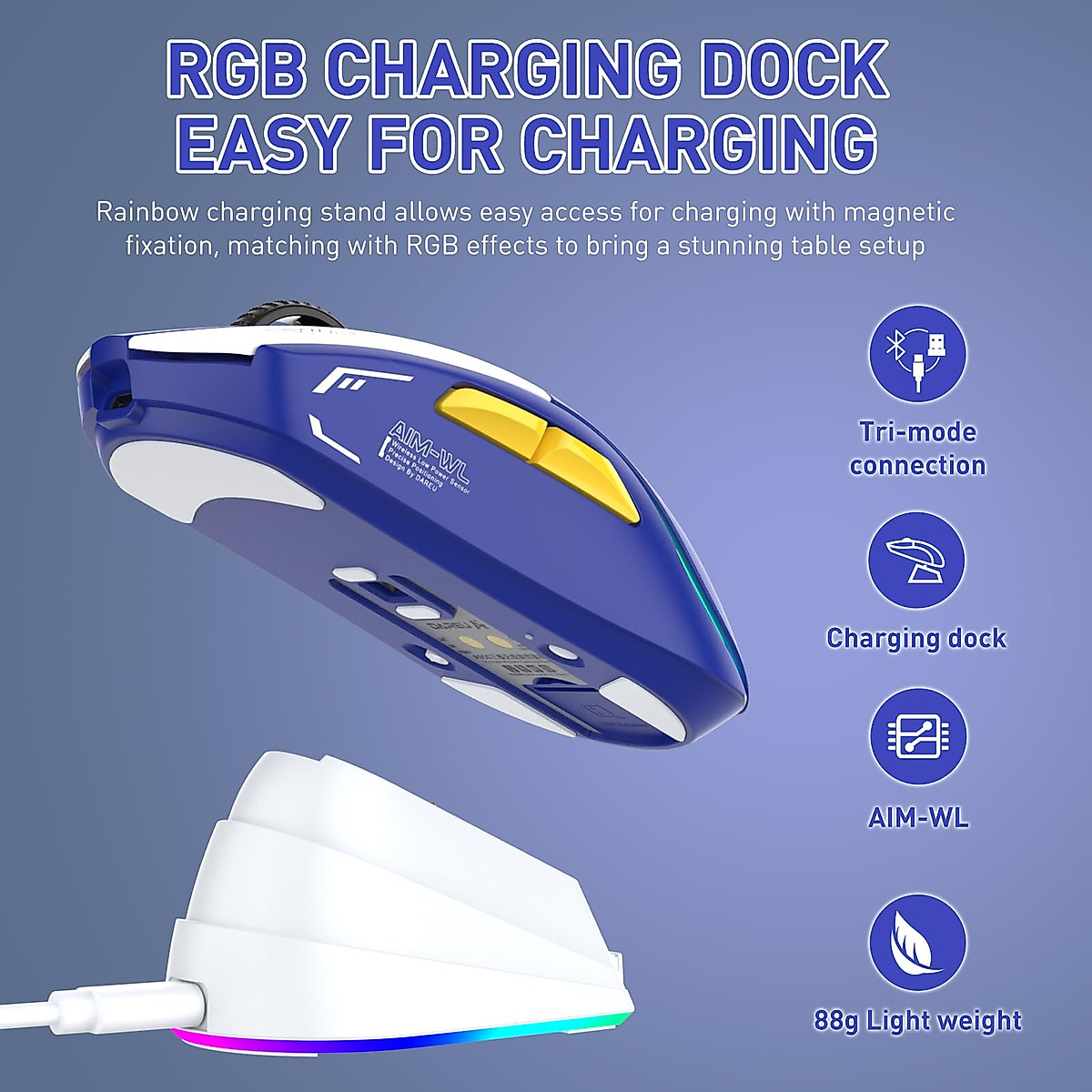 DAREU A950 Wireless Gaming Mouse with RGB Charging Dock,88g Lightweight Programmable Tri-Mode Wireless Mouse Gaming, Up to 12K DPI,1000Hz,120Hrs Playtime with RGB Backlit, Great for PC, Mac