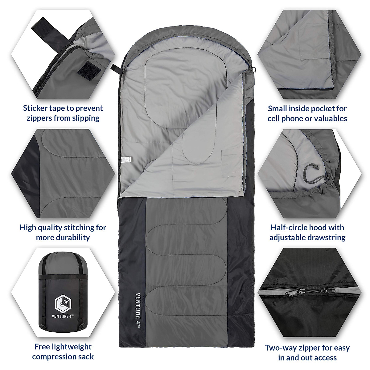 VENTURE 4TH 3-Season XL Backpacking Sleeping Bag, Camping Sleeping Bags for Adults & Kids - Lightweight, Comfortable, Water Resistant, Ideal for Hiking, Camping & Outdoor – Silver/Gray