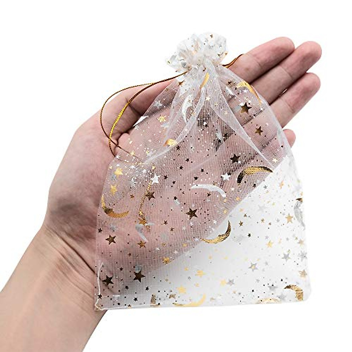 souG Organza Gifts Bags, 5x7 100Pcs Sheer Organza Drawstring Pouches Stars and Moon Wedding Party Favor Jewelry Candy Gift Bags (White and Gold).