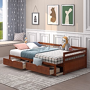 Giantex Extendable Daybed with Trundle and 2 Storage Drawers, Twin to King Daybed with Solid Wood Roll Out Bed Frame, Dual-use Modern Sofa Bed for Teens, Adults, Bedroom, Living Room (Cherry)