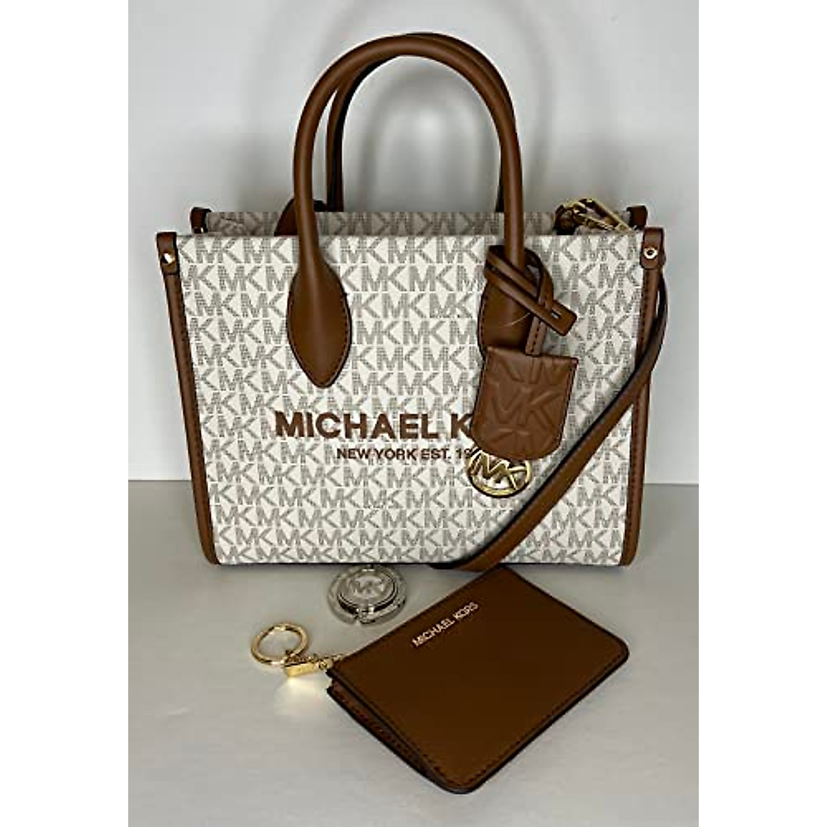 Michael Kors Mirella Small Shopper Top Zip Bag bundled SM TZ Coinpouch Purse Hook (Vanilla/Luggage)