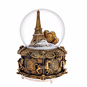 LED Music Snow Globe Vintage Eiffel Tower Buildings Embedded Carousel Retro Home Decoration for Book Shelf Cabinet Floating Board Office Desk Table Top Decor Centerpieces Ornament (Gold)
