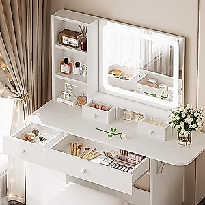 LIKIMIO Vanity Desk with Drawers & LED Lighted Mirror & Power Outlet & Cabinet, Storage Stool, Stylish Bedroom Makeup Table Set, White