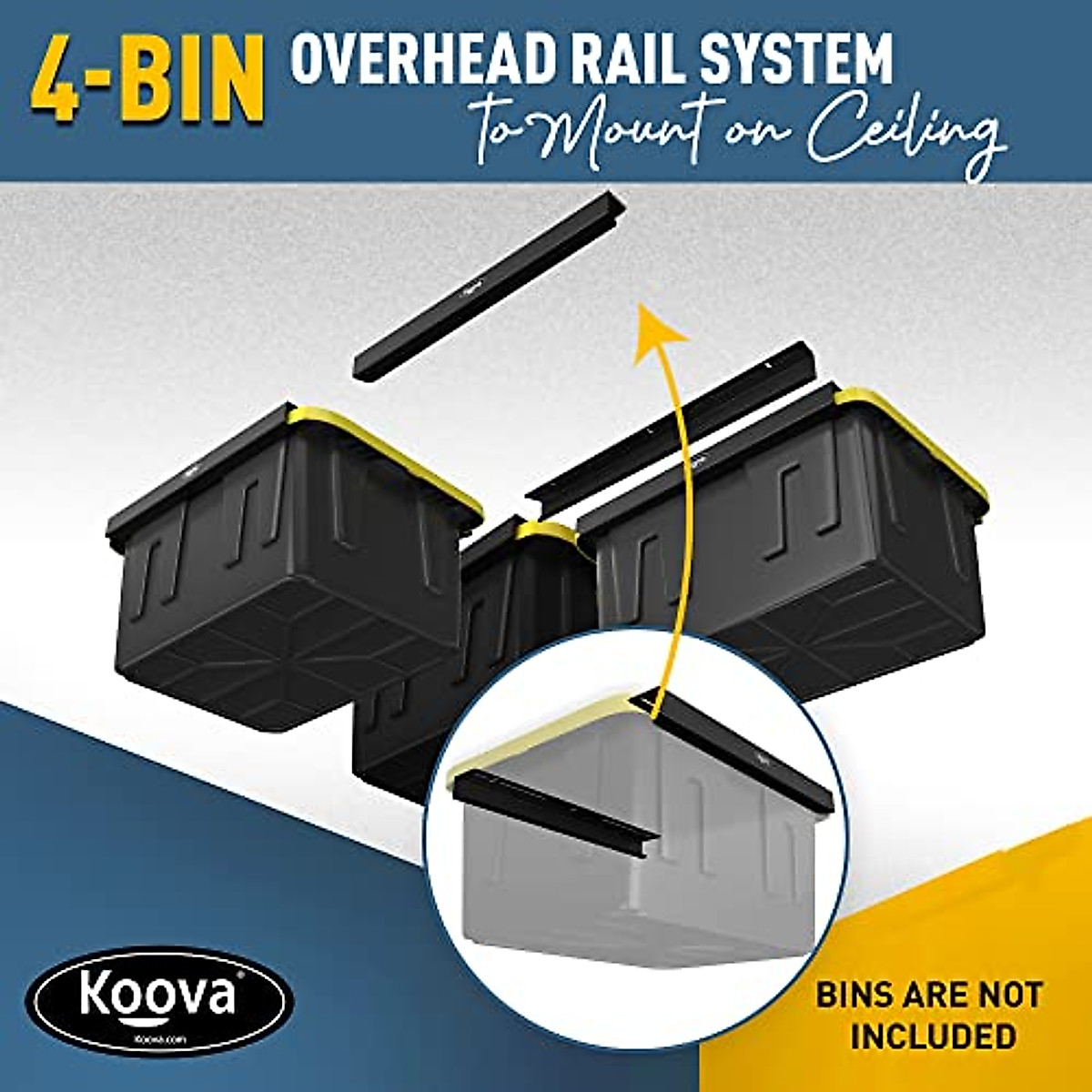 Koova Overhead Bin Rack for Four Bins | Overhead Garage Storage Rack to Mount on Ceiling with Adjustable Width | Supports Most Black and Yellow Storage Bins |4 Sets