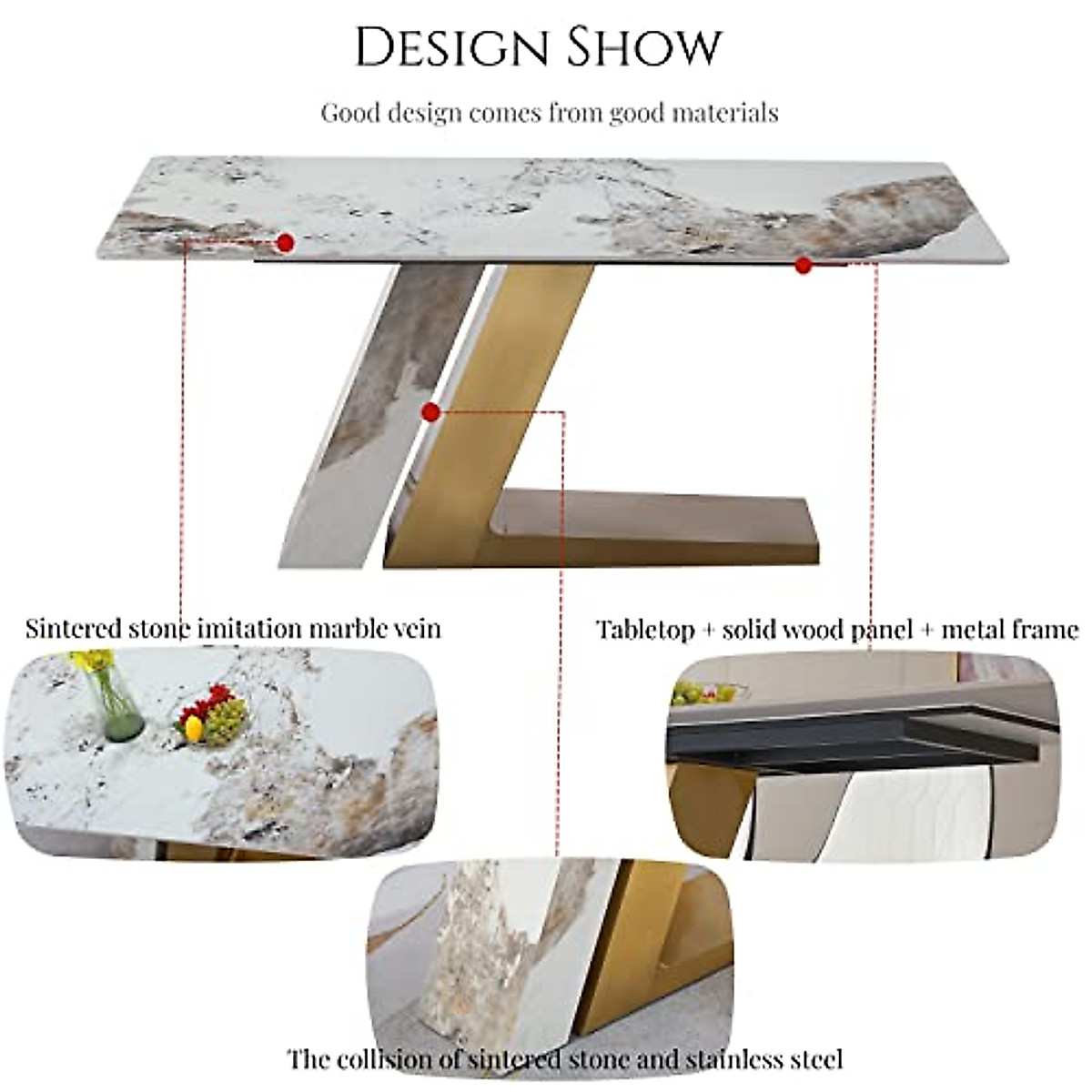 Montary 71” Modern Rectangle Dining Table for 6-8 Seat, Marble Dining Table with Sintered Stone Pandora Tabletop and L-Shape Stainless Steel & Stone Slate Base (Only Table)