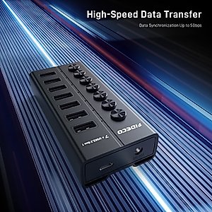 FIDECO Powered 7-Port USB Hub, USB 3.2 Gen 1 Data Hub with Independent On/Off Switch, USB Splitter with USB C to C Cable, USB A to C Cable and 12V 2A Power Adapter