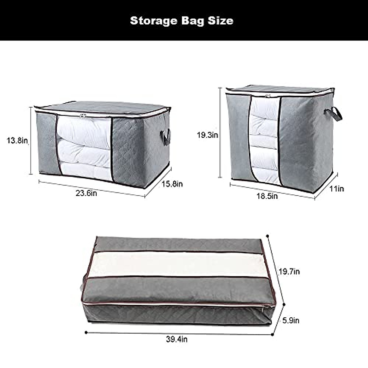 Large Storage Bags, 3 Pack Clothes Storage Bins Foldable Closet Organizers Storage Containers with Durable Handle Thick Fabric , 3 Size Of Under Bed Storage, Foldable With Sturdy Zipper, Clear Window, for Comforters, Blankets, Bedding, 90L (Gray)