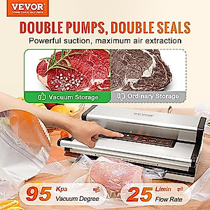 VEVOR Food Vacuum Sealer Machine, 95Kpa 350W Powerful Dual Pump and Dual Sealing, Dry and Moist Food Storage, Automatic and Manual Air Sealing System with Built-in Cutter, with Seal Bag External Hose