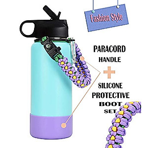 LX-SUNCX Paracord Handle and Silicone Sleeve Boot Compatible with Hydro Flask Wide Mouth Water Bottle (Daisy-Purple w/Compass+Whistle+Firestarter, 32oz-40oz)