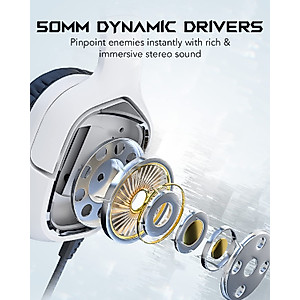 Black Shark Gaming Headset for PC, PS4, PS5, Xbox, Switch, All-in-1 Gaming Headphones with Ultra-Clear Bendable Mic, 50mm Dynamic Drivers, Noise Isolation Ear Cushions, in-line Controls - White