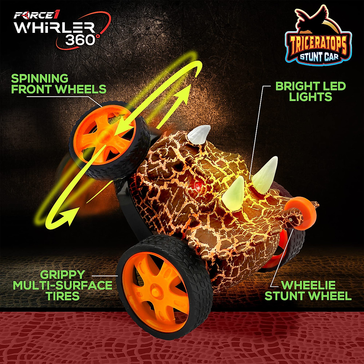 Force1 Tornado Remote Control Car AND Dino Whirler Triceratops Stunt Car Bundle- (1) Double Sided Fast Off-Road RC Stunt Car RC Crawler Rechargeable and (1) Fast Remote Control Mini Stunt Car for Kids