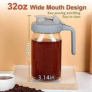 Mason Jar Pour Spout Lid - 32oz Airtight Glass Pitcher with Lid Food Grade and Safe, 1 Quart Sturdy Wide Mouth Sun Tea Jar also Nice for Breastmilk, Cold Brew Coffee, Iced Tea, Fruit Tea