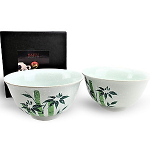2 Piece Large Japanese Noodle Bowl Set ~ 41 Ounce Porcelain Ramen Noodle Bowls Hand-Painted Green Bamboo for Ramen Noodle Salad Udon Soba Pho Asian Noodles F15746