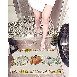 Bath Mat for Bathroom Non Slip Thanksgiving Fall Pumpkin Sunflower Maple Leaves Linen Diatomaceous Earth Bath Mats Highly Absorbent Door Mat Diatom Mud Washable Bathroom Mat for Tub Shower 18x30 Inch