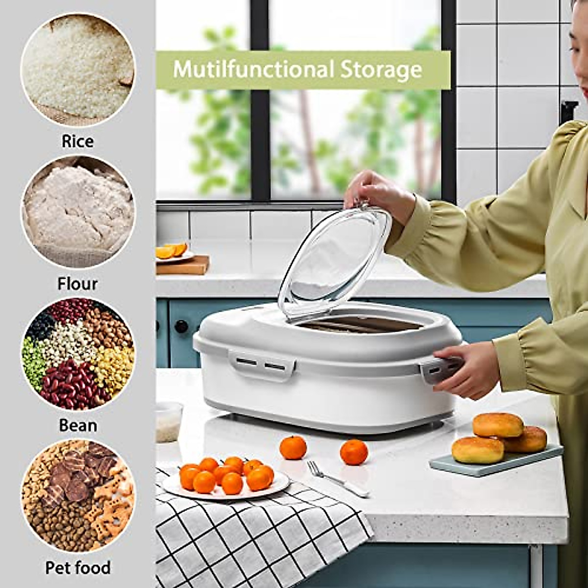 Rice Container Cereal Food Storage, Lockcoo Collapsible Airtight Rice Dispenser 20 to 50 Lbs with Measuring Cup & Wheels, Dry Food Flour Sugar Storage Container Large Kitchen Pantry Holder, Grey