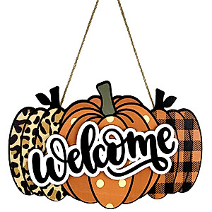 Fall Wreaths for Front Door Wooden Leopard Plaid Welcome Pumpkin Hanging Sign Front Porch Decor Door Sign Farmhouse Wall Living Room Home Decorations 11.8 x 7.9 Inch