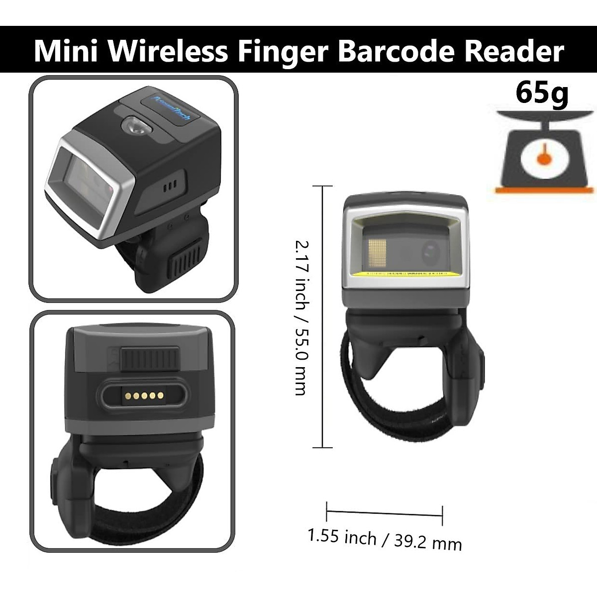 Posunitech 1D 2D Wireless Bluetooth Mini Ring Barcode Scanner IP65 EF02 Zebra SE4107 with TPU+PC & 550mAh Battery Replaceable & Battery Charger for IOS Android