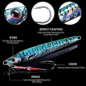 Goture Fishing Jigs Saltwater 60g-150g with Assist Hook, Glow Vertical Jigs, Speed Fast Lead Jig Sea Fishing Jigging Spoon Lures for Tuna, Salmon, Sailfish, Striped bass, Grouper Snapper, Kingfish