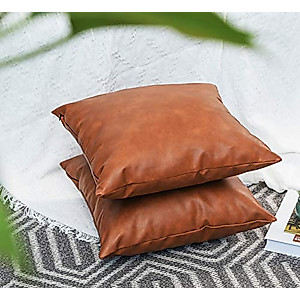 SEEKSEE Brown Faux Leather Accent Throw Pillow Cover 18x18 inch, 2-Pack Modern Country Farmhouse Style Pillowcase for Bedroom Living Room Sofa