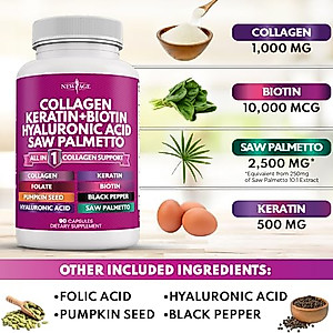 Collagen Pills 1000mg Biotin 10000mcg Keratin Saw Palmetto 2500mg Hyaluronic Acid - Hair Skin and Nails Vitamins and DHT Blocker with Vitamin E Folic Acid Pumpkin Seed MSM Made in USA - 180 Count