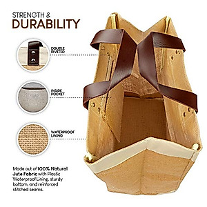 Reusable Jute French Market Tote Burlap Grocery Bags with Faux Leather Strap Handles, Interior Pocket, and Water Resistant Inner Lining Jute Shopping Bag, EXULTIMATE