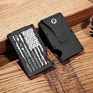 Minimalist Wallet for Men - Engraved American Flag Husband Daddy Protector Hero - Front Pocket Card Holder - RFID Blocking Metal Wallet - Aluminum Slim Money Clip - Tactical Wallet for Business Travel