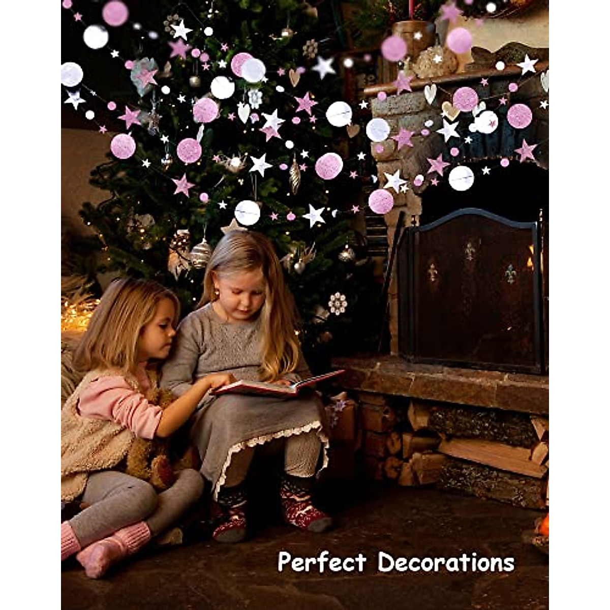 Glitter Star Circle Dot Garland, Twinkle Little Star Party Decoration Hanging Streamer Backdrop Banner, for Wedding Baby Shower Christmas Birthday Party Decor Supplies, 3 String Totle 39 Feet (Pink)