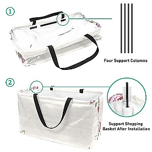 KQNZT Reusable Grocery Bags, Large Foldable Reusable Shopping Tote Bags Bulk for Groceries, Waterproof Kitchen Cloth Produce Bags with Long Handles, Pink Rose Flower Wooden Board